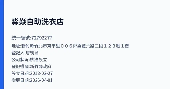 淼焱自助洗衣店的照片-統編 72792277(新竹縣) 公司登記資料與營業項目詳細圖表