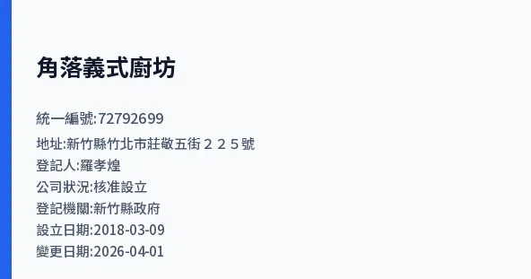 角落義式廚坊的照片-統編 72792699(新竹縣) 公司登記資料與營業項目詳細圖表