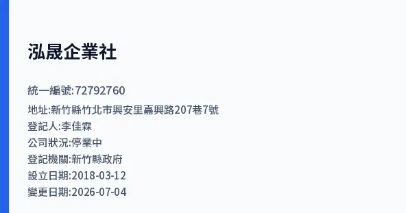 泓晟企業社的照片-統編 72792760(新竹縣) 公司登記資料與營業項目詳細圖表