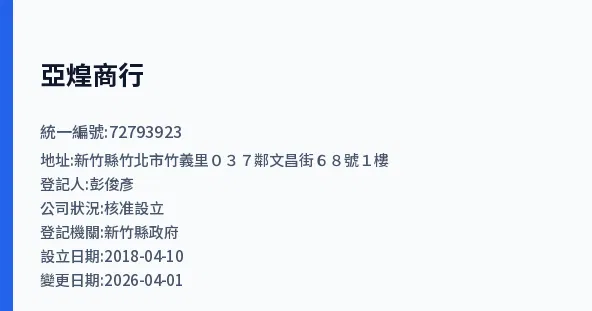 亞煌商行的照片-統編 72793923(新竹縣) 公司登記資料與營業項目詳細圖表