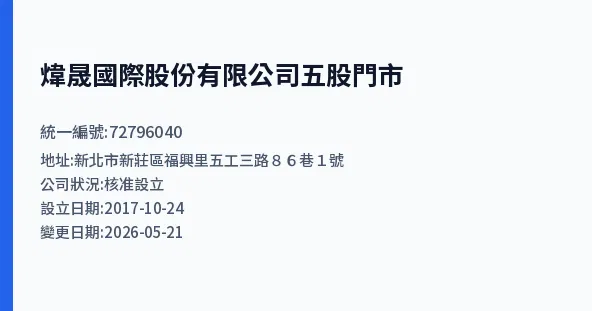 煒晟國際股份有限公司五股門市的照片-統編 72796040(新北市) 公司登記資料與營業項目詳細圖表