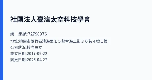 社團法人臺灣太空科技學會的照片-統編 72798976(桃園市) 公司登記資料與營業項目詳細圖表
