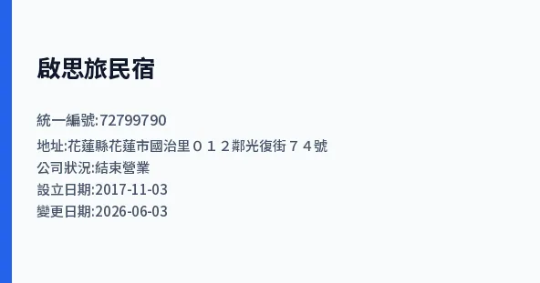 啟思旅民宿的照片-統編 72799790(花蓮縣) 公司登記資料與營業項目詳細圖表