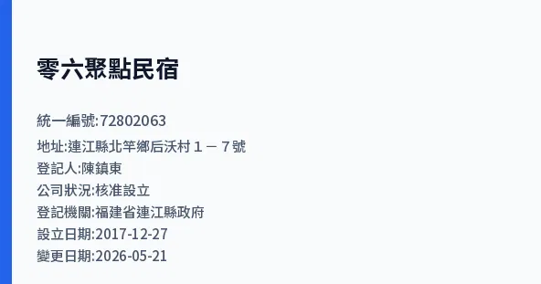 零六聚點民宿的照片-統編 72802063(連江縣) 公司登記資料與營業項目詳細圖表