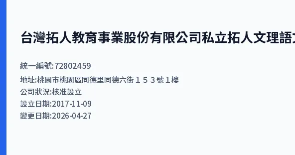 台灣拓人教育事業股份有限公司私立拓人文理語文短期補習班的照片-統編 72802459(桃園市) 公司登記資料與營業項目詳細圖表