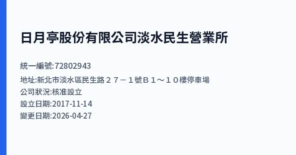 日月亭股份有限公司淡水民生營業所的照片-統編 72802943(新北市) 公司登記資料與營業項目詳細圖表