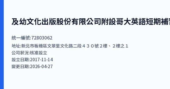 及幼文化出版股份有限公司附設哥大英語短期補習班的照片-統編 72803062(新北市) 公司登記資料與營業項目詳細圖表