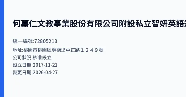 何嘉仁文教事業股份有限公司附設私立智妍英語短期補習班的照片-統編 72805218(桃園市) 公司登記資料與營業項目詳細圖表