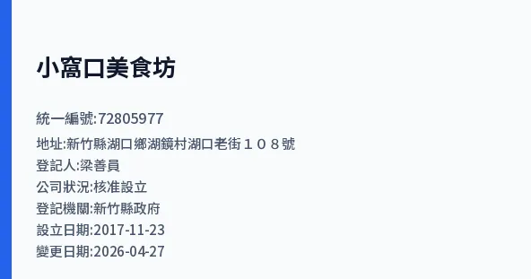 小窩口美食坊的照片-統編 72805977(新竹縣) 公司登記資料與營業項目詳細圖表