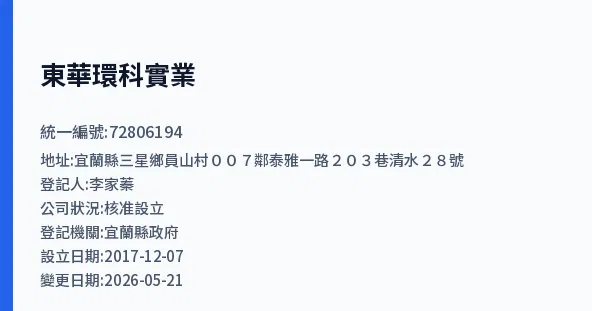 東華環科實業的照片-統編 72806194(宜蘭縣) 公司登記資料與營業項目詳細圖表