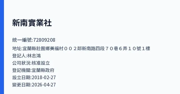 新南實業社的照片-統編 72809208(宜蘭縣) 公司登記資料與營業項目詳細圖表