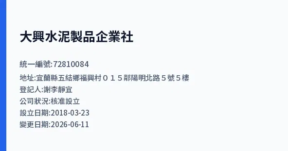 大興水泥製品企業社的照片-統編 72810084(宜蘭縣) 公司登記資料與營業項目詳細圖表