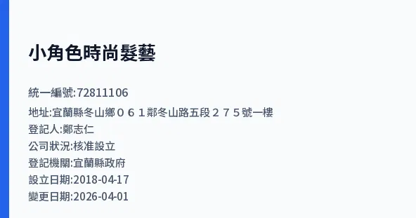 小角色時尚髮藝的照片-統編 72811106(宜蘭縣) 公司登記資料與營業項目詳細圖表