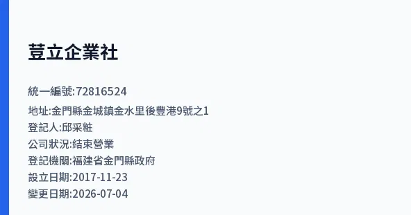 荳立企業社的照片-統編 72816524(金門縣) 公司登記資料與營業項目詳細圖表