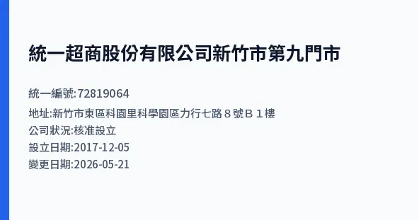 統一超商股份有限公司新竹市第九門市的照片-統編 72819064(新竹市) 公司登記資料與營業項目詳細圖表