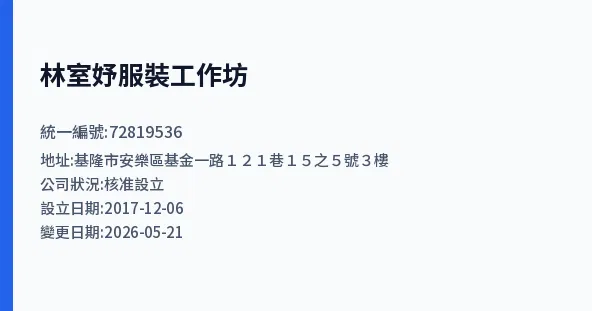 林室妤服裝工作坊的照片-統編 72819536(基隆市) 公司登記資料與營業項目詳細圖表