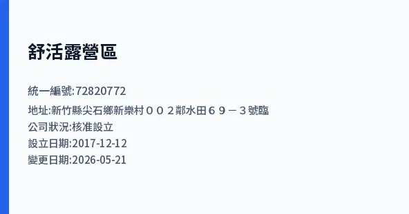 舒活露營區的照片-統編 72820772(新竹縣) 公司登記資料與營業項目詳細圖表