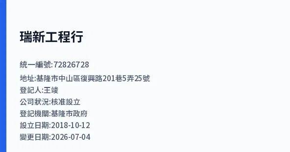瑞新工程行的照片-統編 72826728(基隆市) 公司登記資料與營業項目詳細圖表