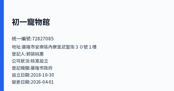 初一寵物館的照片-統編 72827085(基隆市) 公司登記資料與營業項目詳細圖表