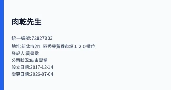 肉乾先生的照片-統編 72827803(新北市) 公司登記資料與營業項目詳細圖表