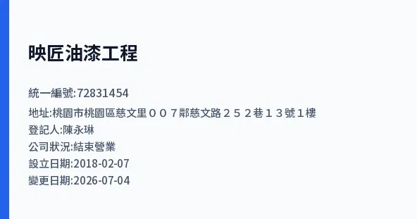 映匠油漆工程的照片-統編 72831454(桃園市) 公司登記資料與營業項目詳細圖表