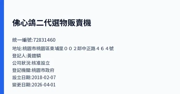 佛心鴿二代選物販賣機的照片-統編 72831460(桃園市) 公司登記資料與營業項目詳細圖表
