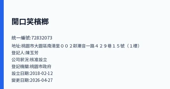 開口笑檳榔的照片-統編 72832073(桃園市) 公司登記資料與營業項目詳細圖表