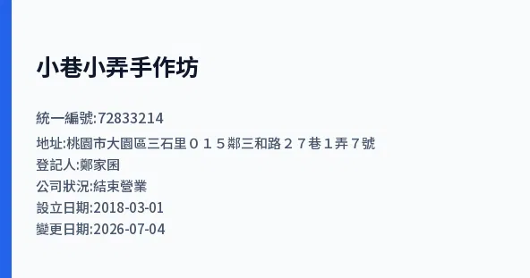 小巷小弄手作坊的照片-統編 72833214(桃園市) 公司登記資料與營業項目詳細圖表