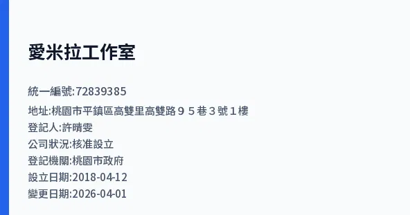 愛米拉工作室的照片-統編 72839385(桃園市) 公司登記資料與營業項目詳細圖表