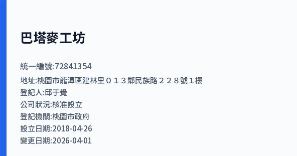 巴塔麥工坊的照片-統編 72841354(桃園市) 公司登記資料與營業項目詳細圖表