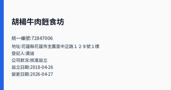 胡楊牛肉麪食坊的照片-統編 72847006(花蓮縣) 公司登記資料與營業項目詳細圖表