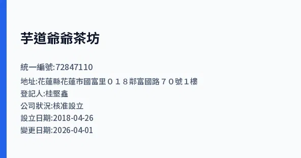 芋道爺爺茶坊的照片-統編 72847110(花蓮縣) 公司登記資料與營業項目詳細圖表