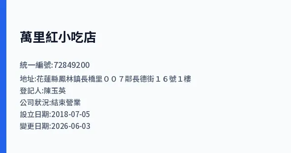 萬里紅小吃店的照片-統編 72849200(花蓮縣) 公司登記資料與營業項目詳細圖表