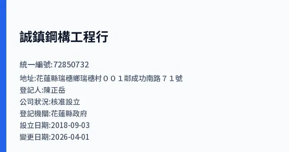 誠鎮鋼構工程行的照片-統編 72850732(花蓮縣) 公司登記資料與營業項目詳細圖表