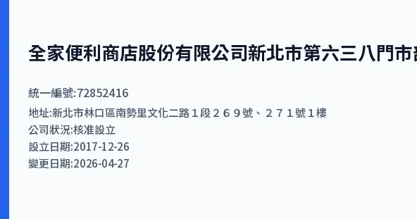 全家便利商店股份有限公司新北市第六三八門市部的照片-統編 72852416(新北市) 公司登記資料與營業項目詳細圖表