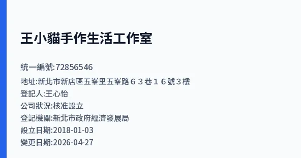 王小貓手作生活工作室的照片-統編 72856546(新北市) 公司登記資料與營業項目詳細圖表