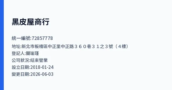 黑皮屋商行的照片-統編 72857778(新北市) 公司登記資料與營業項目詳細圖表