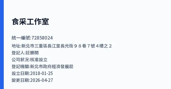 食采工作室的照片-統編 72858024(新北市) 公司登記資料與營業項目詳細圖表