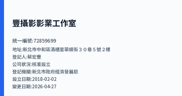 豐攝影影業工作室的照片-統編 72859699(新北市) 公司登記資料與營業項目詳細圖表