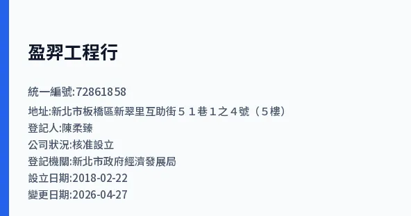 盈羿工程行的照片-統編 72861858(新北市) 公司登記資料與營業項目詳細圖表