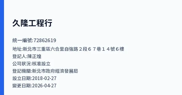 久隆工程行的照片-統編 72862619(新北市) 公司登記資料與營業項目詳細圖表