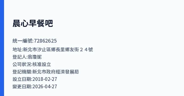 晨心早餐吧的照片-統編 72862625(新北市) 公司登記資料與營業項目詳細圖表