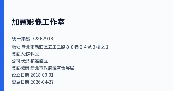 加冪影像工作室的照片-統編 72862913(新北市) 公司登記資料與營業項目詳細圖表