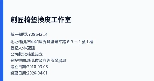 創匠椅墊換皮工作室的照片-統編 72864314(新北市) 公司登記資料與營業項目詳細圖表