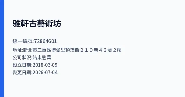 雅軒古藝術坊的照片-統編 72864601(新北市) 公司登記資料與營業項目詳細圖表