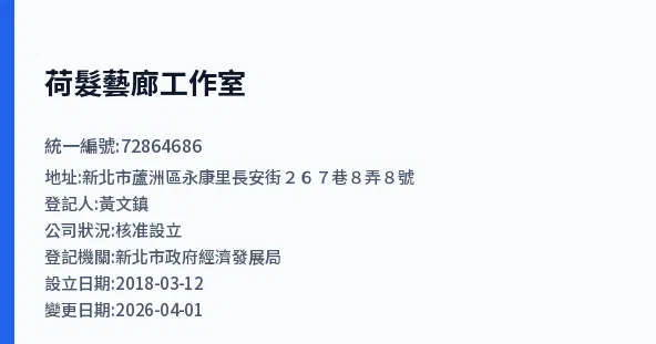 荷髮藝廊工作室的照片-統編 72864686(新北市) 公司登記資料與營業項目詳細圖表