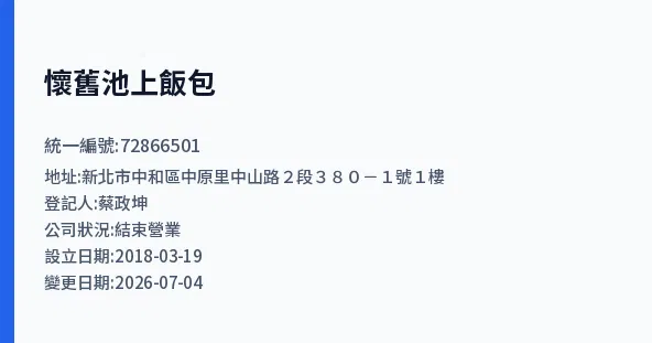 懷舊池上飯包的照片-統編 72866501(新北市) 公司登記資料與營業項目詳細圖表