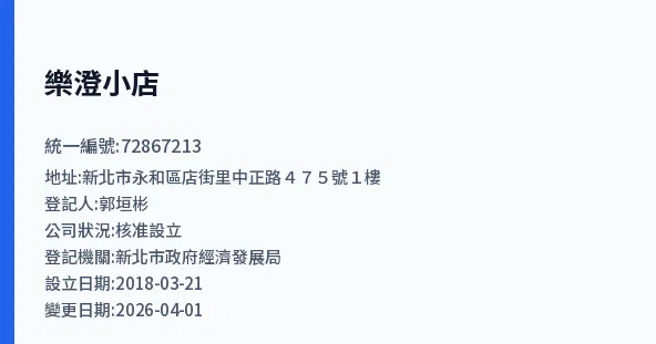樂澄小店的照片-統編 72867213(新北市) 公司登記資料與營業項目詳細圖表
