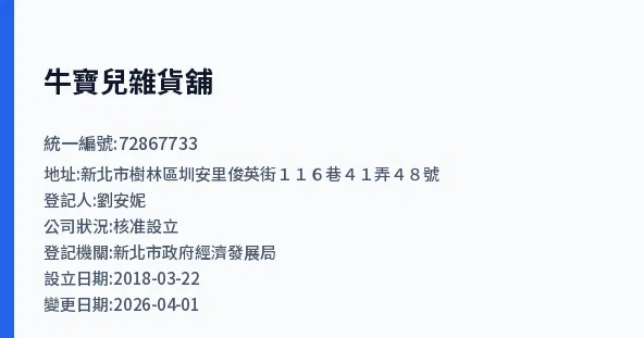 牛寶兒雜貨舖的照片-統編 72867733(新北市) 公司登記資料與營業項目詳細圖表