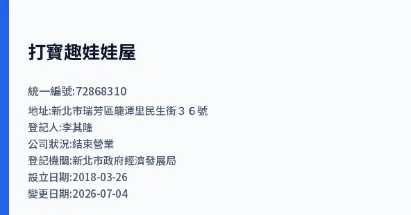 打寶趣娃娃屋的照片-統編 72868310(新北市) 公司登記資料與營業項目詳細圖表